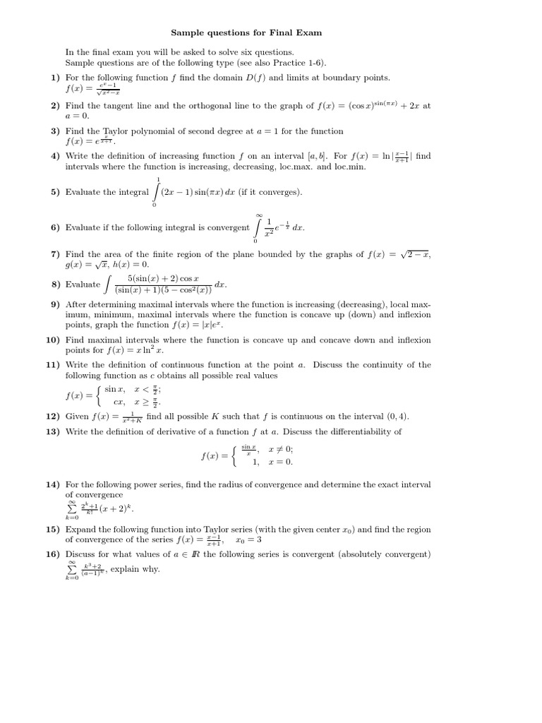 Calc 1 Final Exam Sample Questions | PDF | Function (Mathematics ...