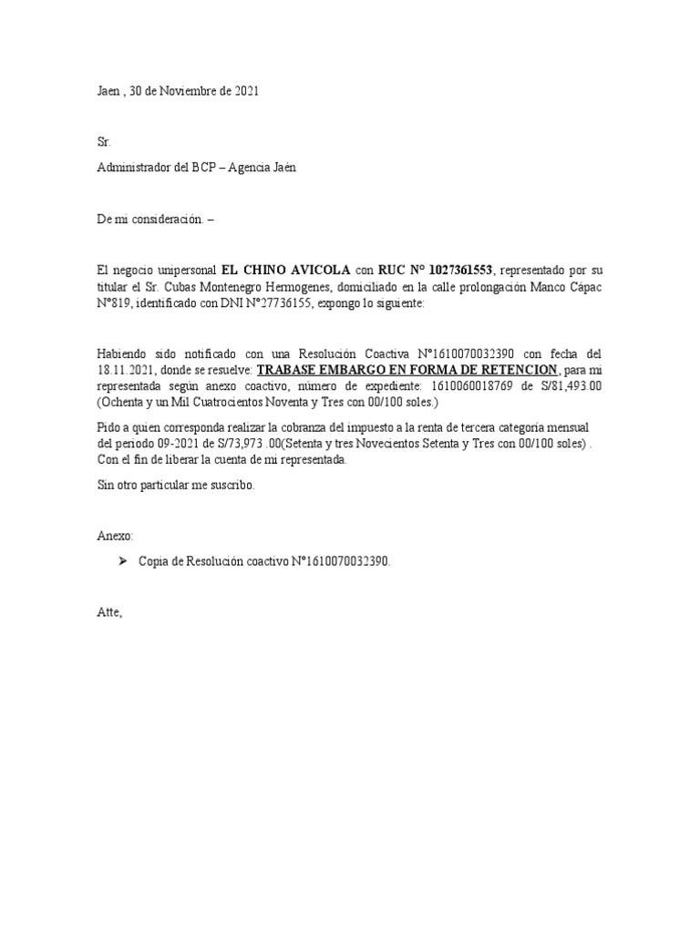 Carta BCP Cobro Retencion | PDF