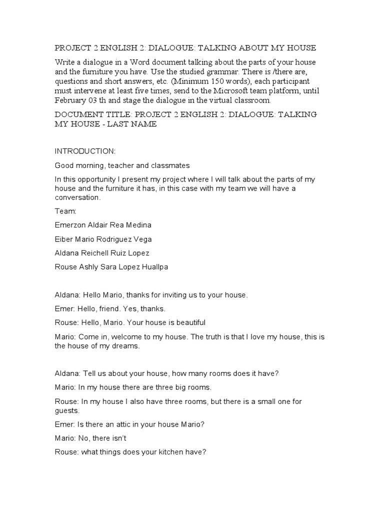 Project 2 English 2 Dialogue About My House | PDF