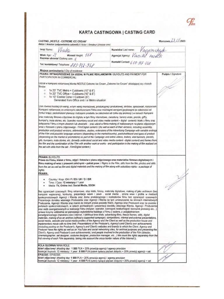 Karta Castingowa Casting Card | PDF