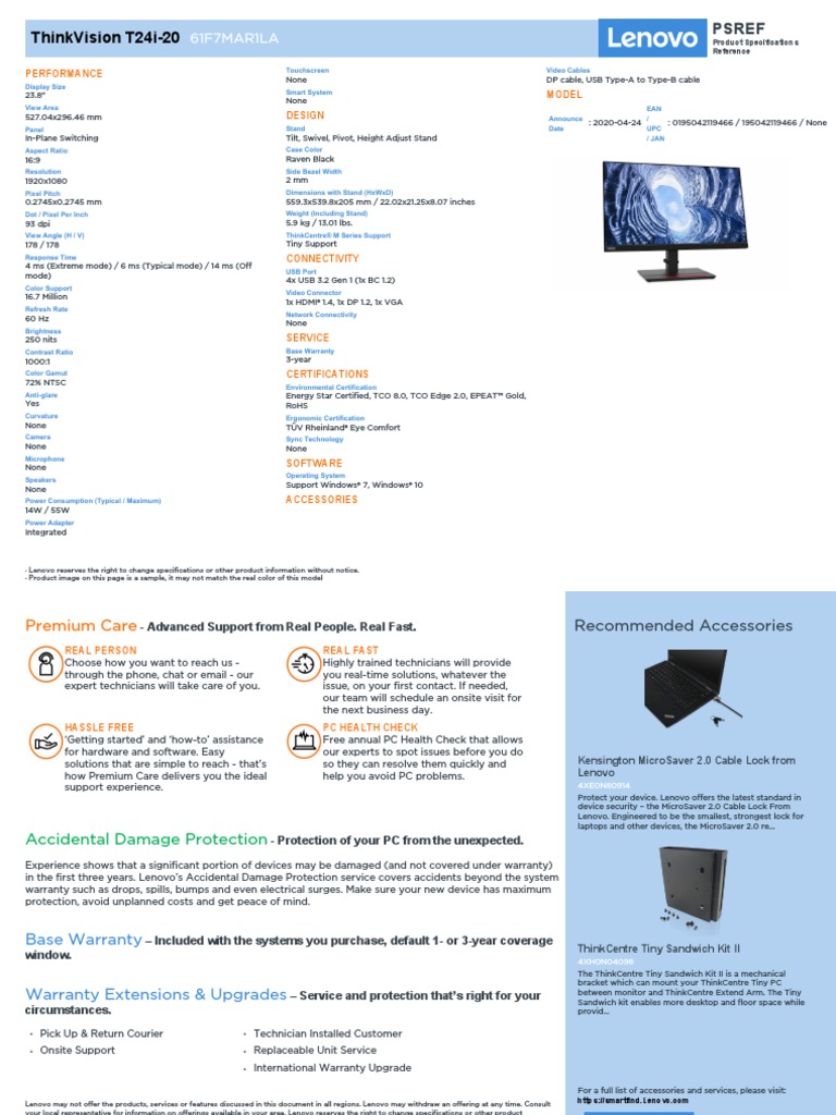 ThinkVision T24i 20 61F7MAR1LA | PDF | Computing | Computer Hardware