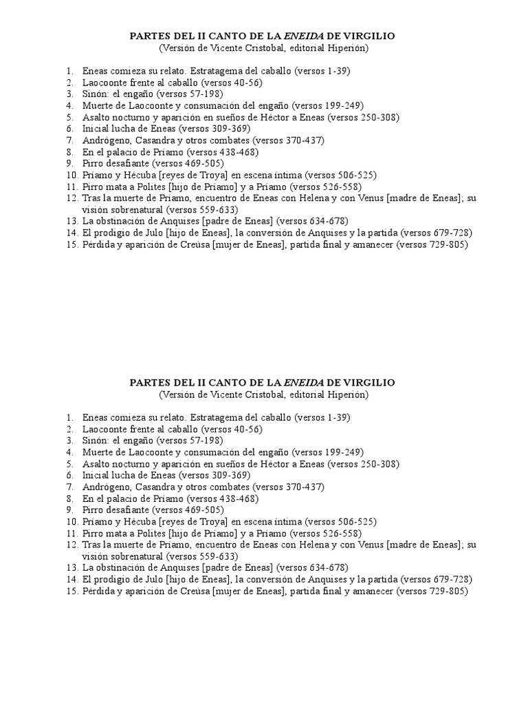 PARTES DEL II CANTO DE LA ENEIDA Versión Cristobal Vicente | PDF