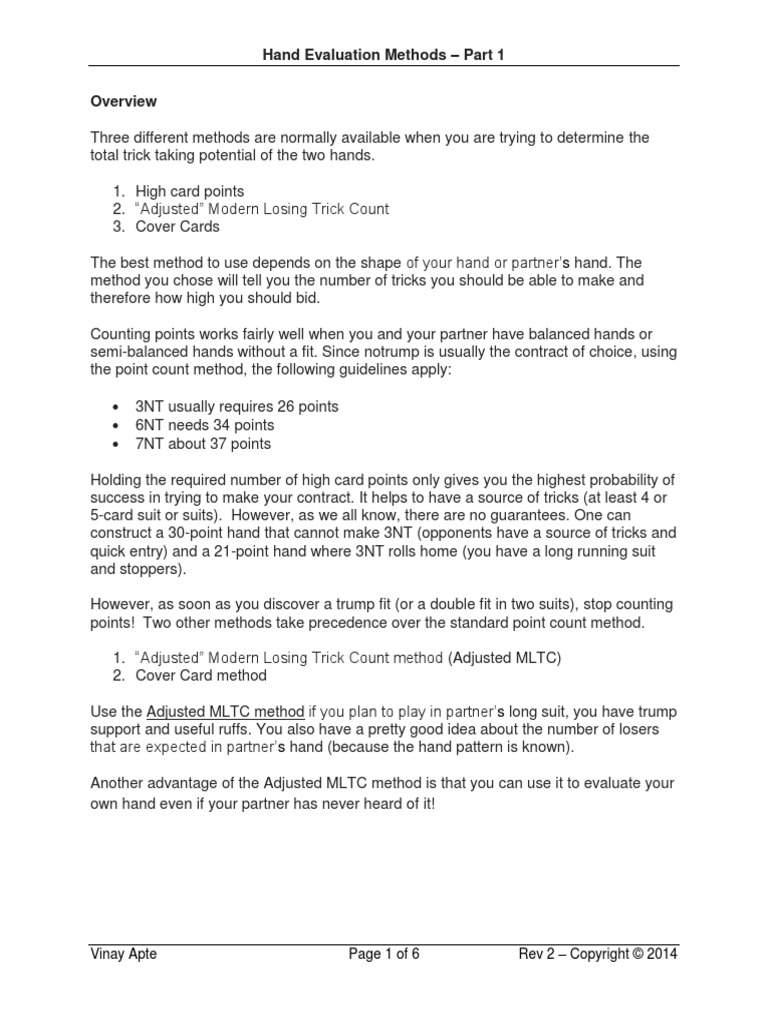 Hand Evaluation Methods - Part 1 - Rev 2 | PDF | Contract Bridge