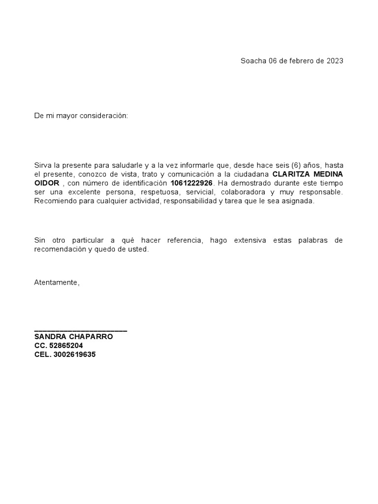 Carta de recomendación para Claritza Medina | PDF