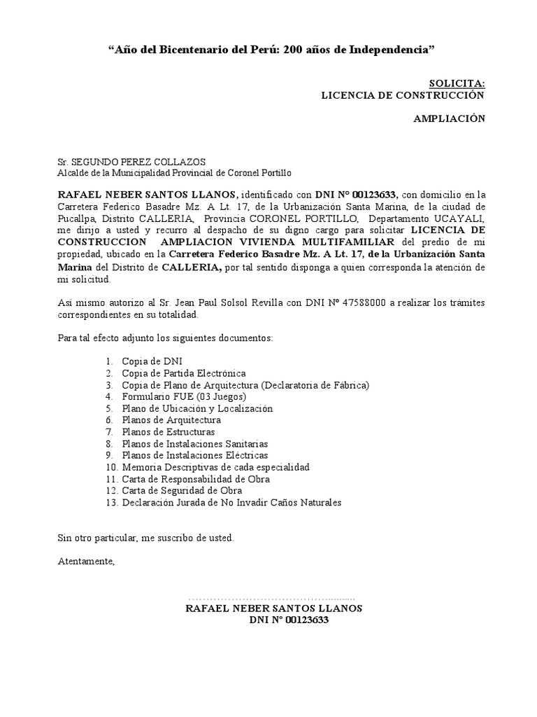 Solicitud de Licencia de Construccion | PDF