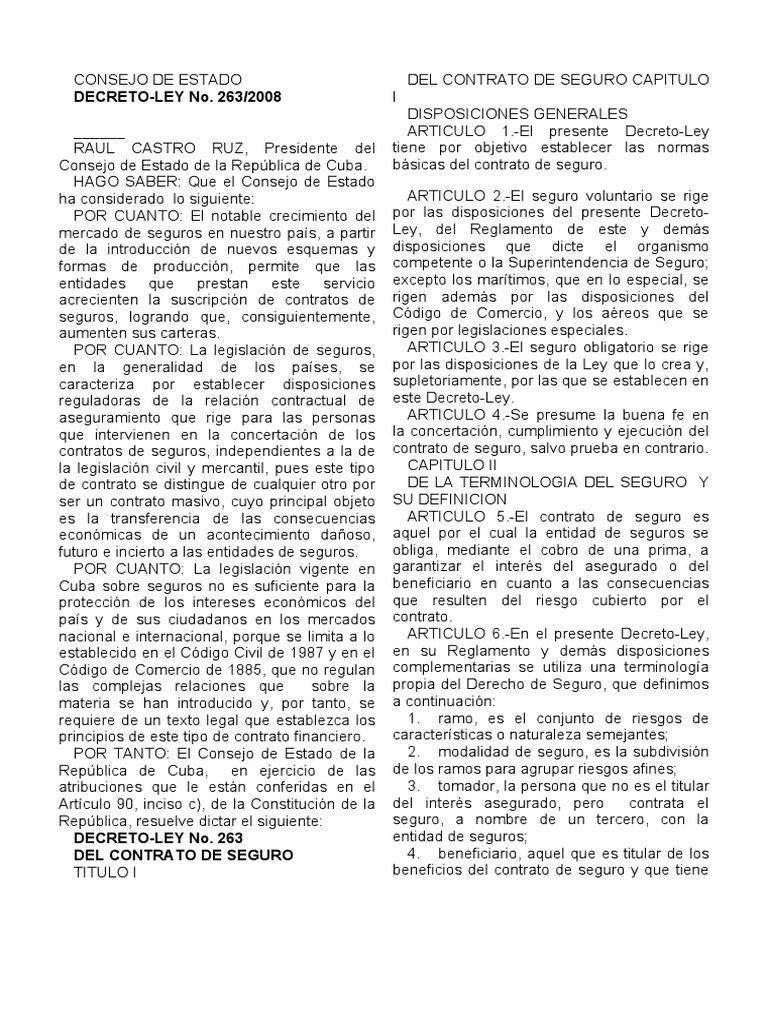 Decreto Ley 263 - 08 Del Contrato de Seguro y Resolucion Reglamento | PDF | Seguro | Reaseguro