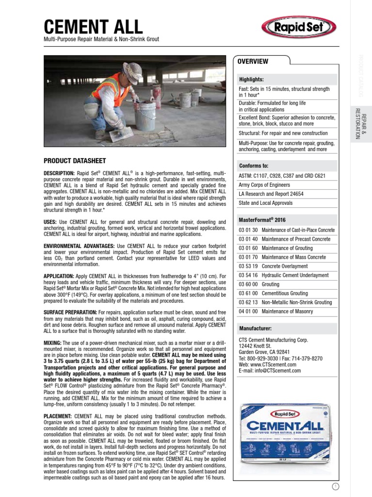 CEMENT ALL Datasheet DS 024 EN | PDF | Concrete | Cement