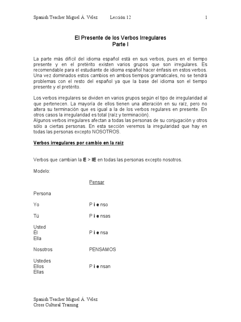 El Presente de Los Verbos Irregulares I Lección 12 | PDF | Verbo