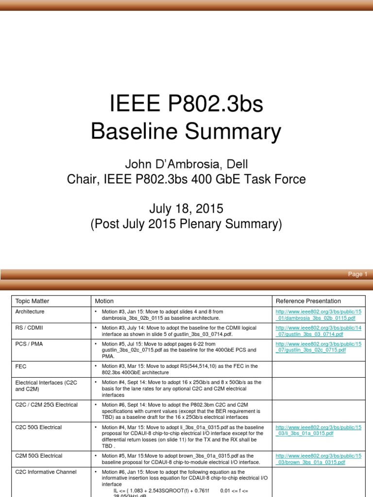 Proposed Baseline Summary for IEEE P802.3bs 400 GbE Task Force | PDF | Telecommunications ...