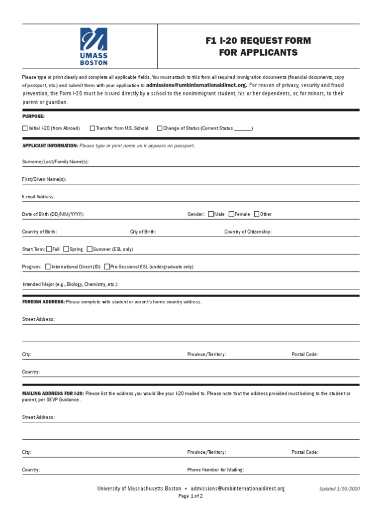 UMass Boston F-1 I-20 Request Form | PDF | Human Migration | Government