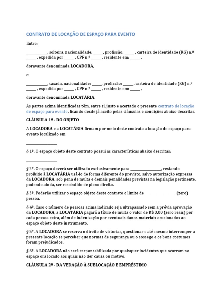 Modelo de Contrato de Locacao de Espaco para Evento para Word e PDF ... Modelo de Contrato de Locacao de Espaco para Evento para Word e PDF ...
