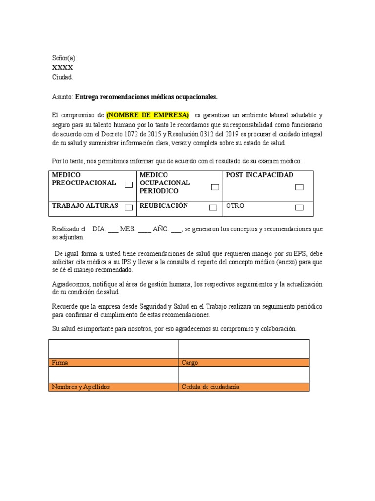 F-Carta Recomendaciones Medicas Laborales | PDF