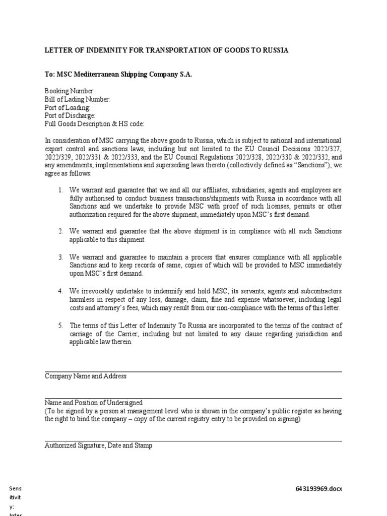 Letter of Indemnity To Russia VACIO | PDF | Indemnity | Bill Of Lading