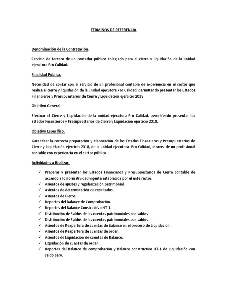 Terminos de Referencia - Pro Calidad | PDF | Contador | Contabilidad