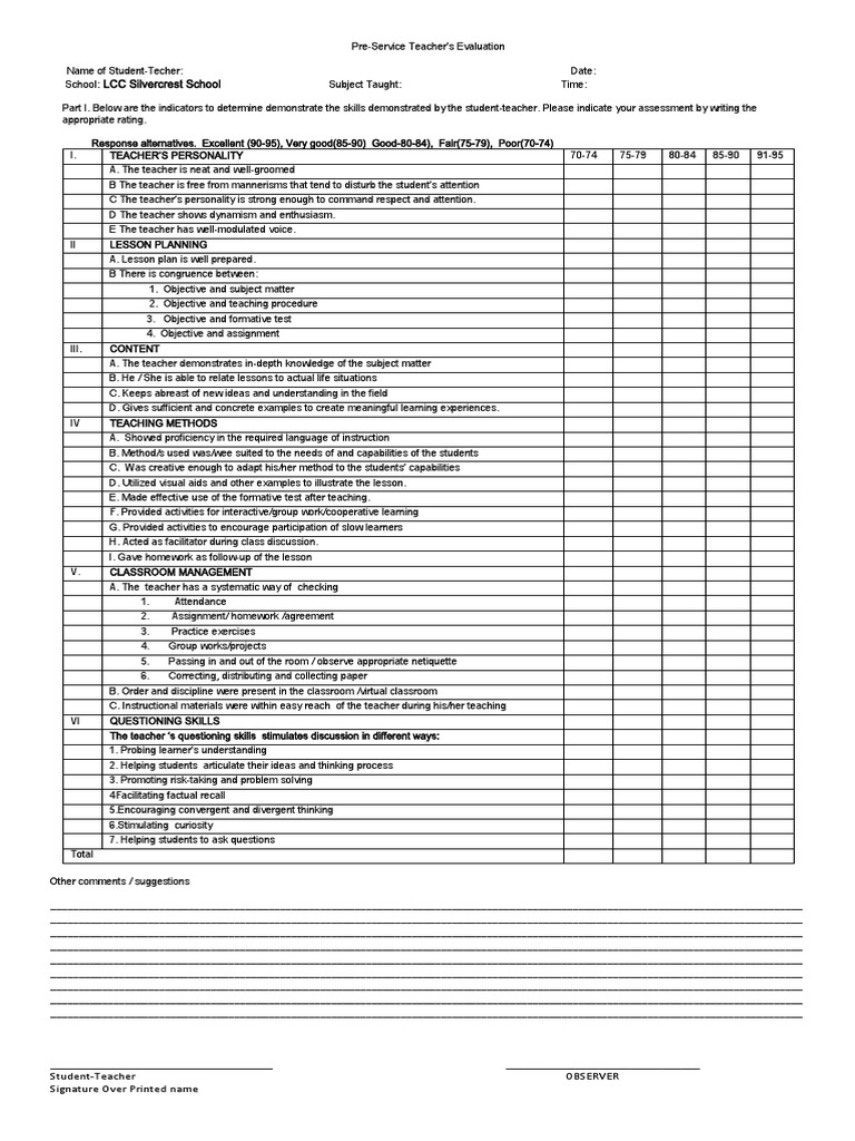 Evaluation Sheet | Download Free PDF | Teachers | Learning