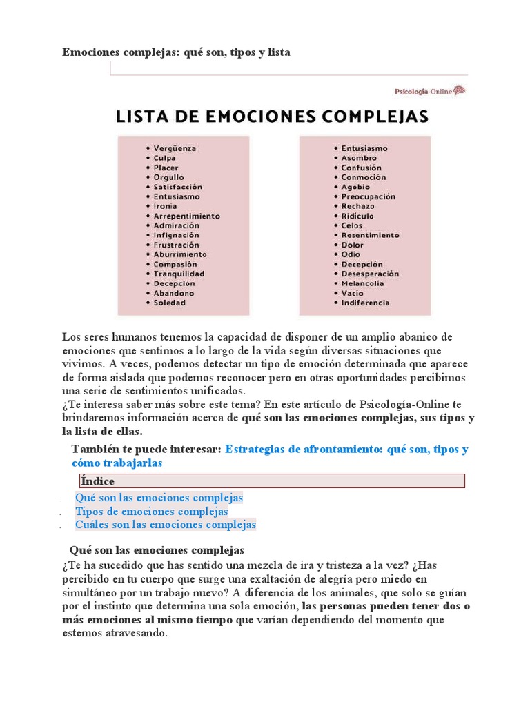 Emociones Complejas Qué Son Tipos y Lista | PDF | Las emociones | Sicología Emociones Complejas Qué Son Tipos y Lista | PDF | Las emociones | Sicología