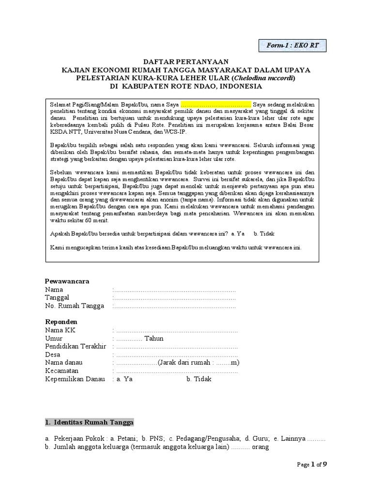 01 - Kuesioner Survey Ekonomi RT - 2022 | PDF