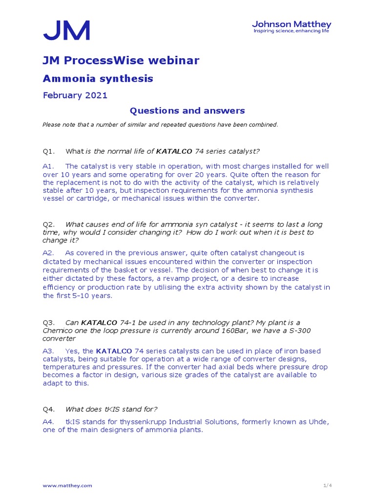 Ammonia SYN Catalyst JM Q and A | PDF | Catalysis | Ammonia