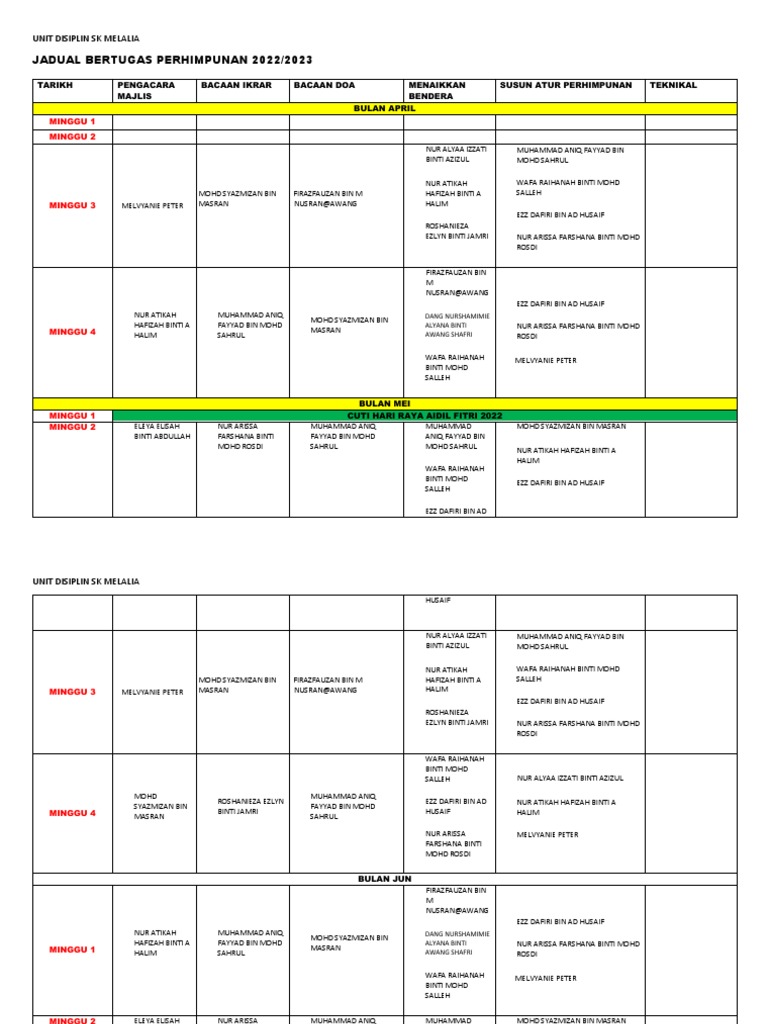 Jadual Bertugas Perhimpunan 2022 | PDF
