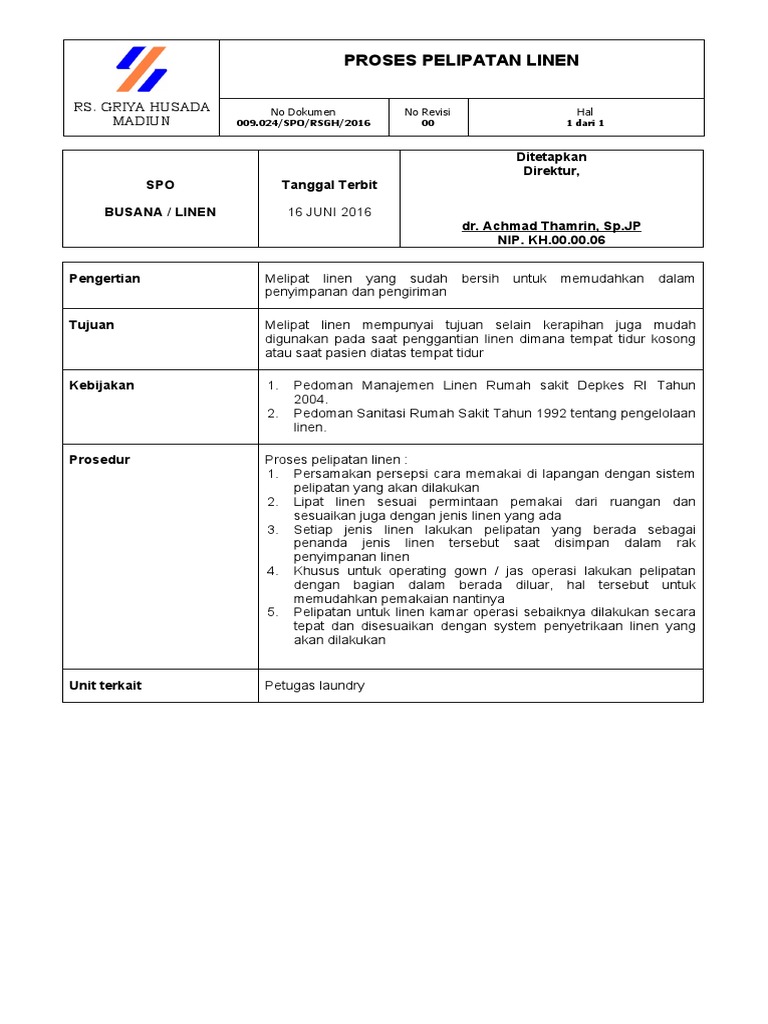 Sop Proses Pelipatan Linen | PDF