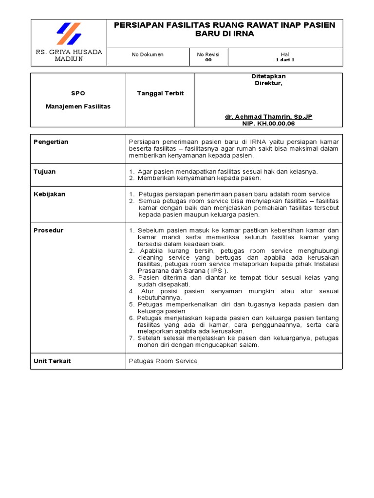 Sop Persiapan Fasilitas Ruang Rawat Inap | PDF
