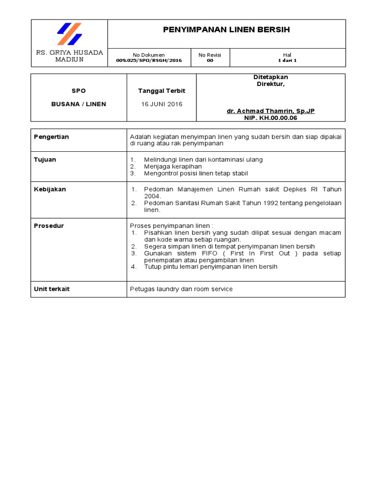 Sop Penyimpanan Linen Bersih | PDF