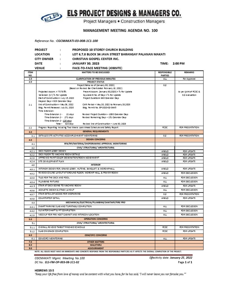 Management Meeting Agenda#100 | PDF | Building Engineering | Buildings ...