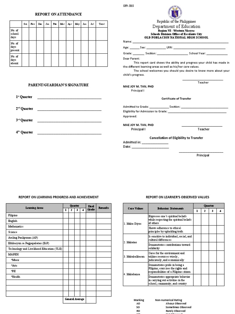 Report Card JHS | Download Free PDF | Learning