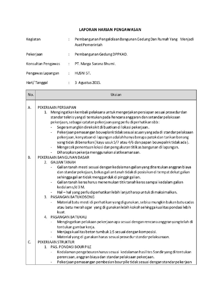 Contoh Laporan Harian Konsultan Pengawas | PDF