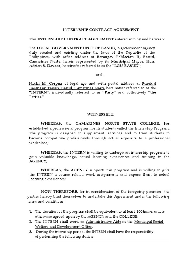 INTERNSHIP CONTRACT AGREEMENT CORPUZ Final - 095111 | PDF | Trade ...