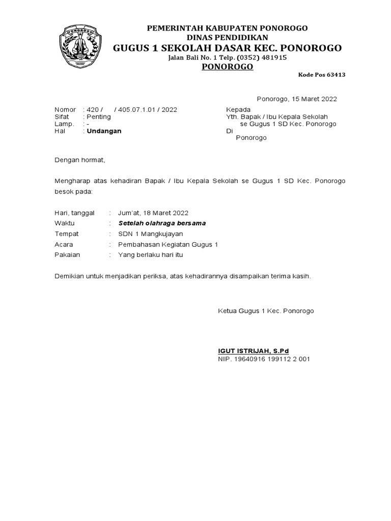 Surat Undangan Gugus | PDF