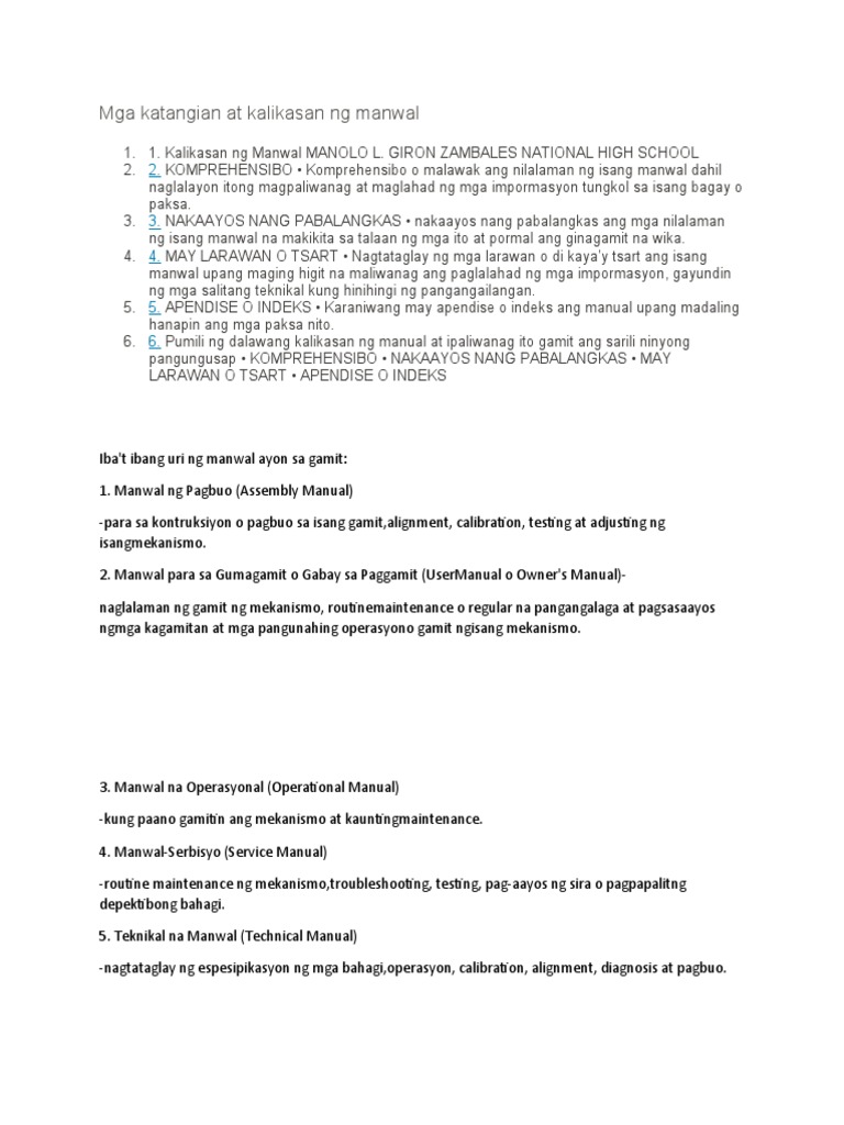 Mga Katangian at Kalikasan NG Manwal | PDF