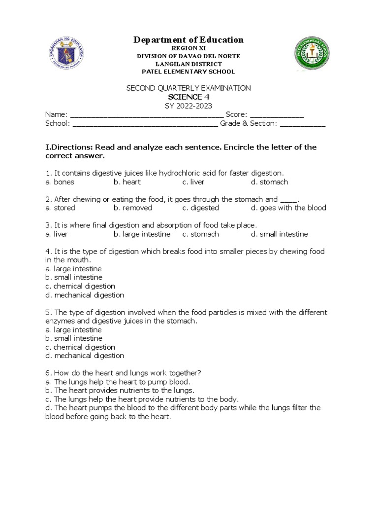 Science 4 Exam With Tos | PDF | Digestion | Stomach