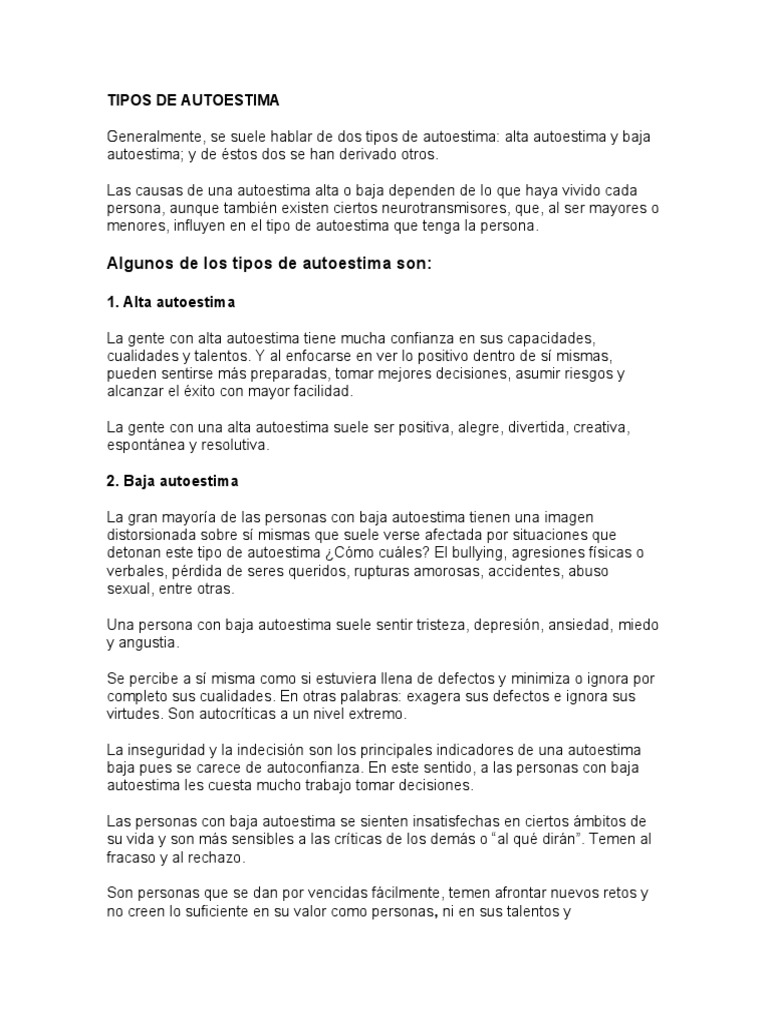 Tipos De Autoestima Pdf Autoestima Narcisismo