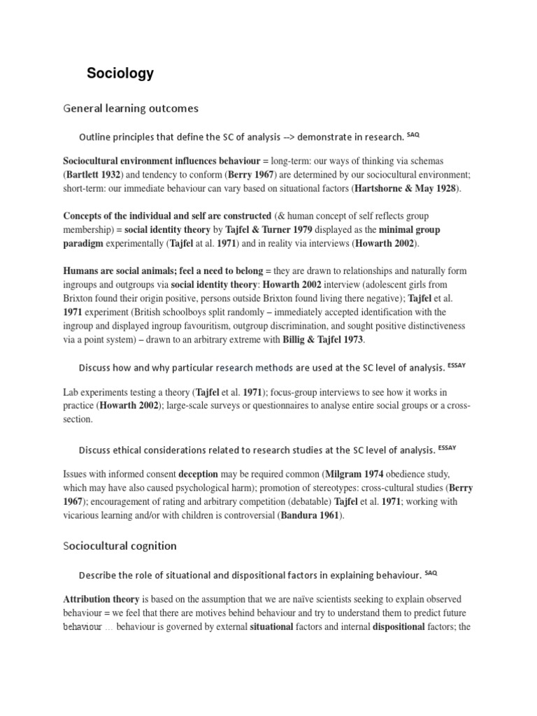 IB Psychology, Sociocultural Level of Analysis, Learning Outcomes | PDF ...