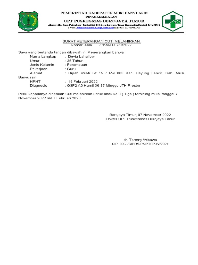 Surat Cuti Melahirkan Puskesmas | PDF