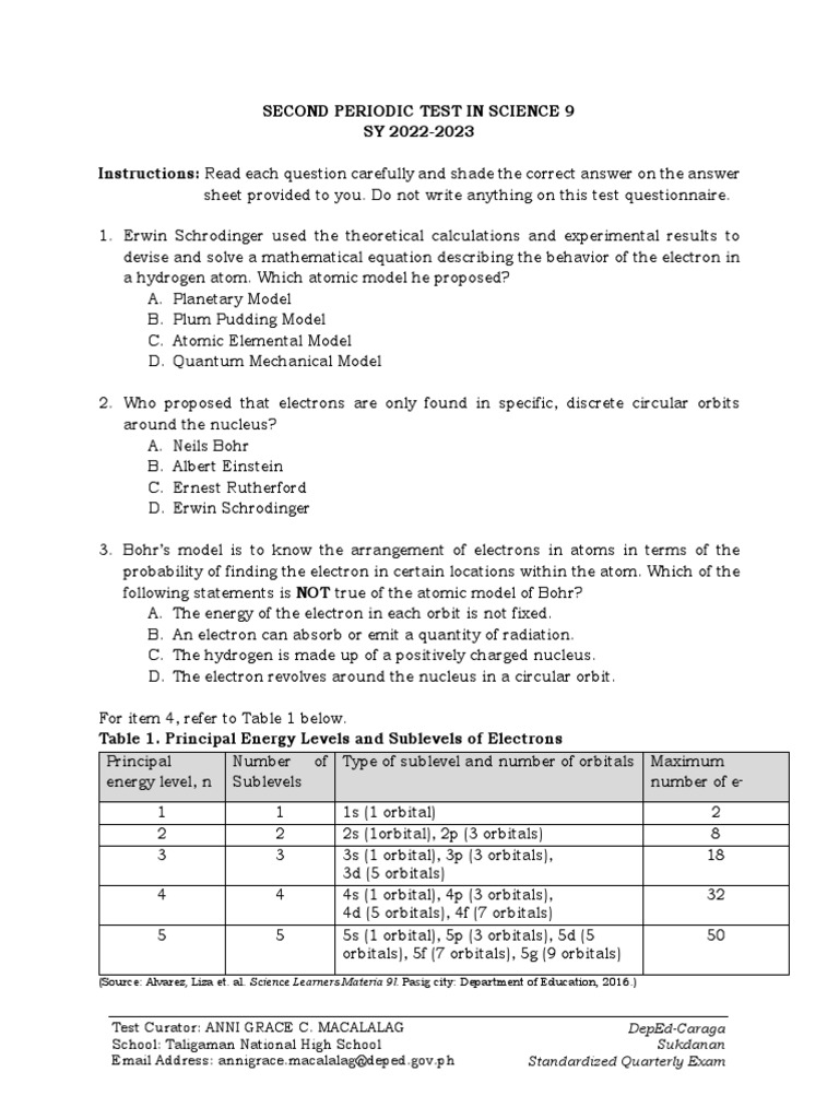 Second Periodic Test in Science 9 SY 2022-2023 Instructions: Read Each ...