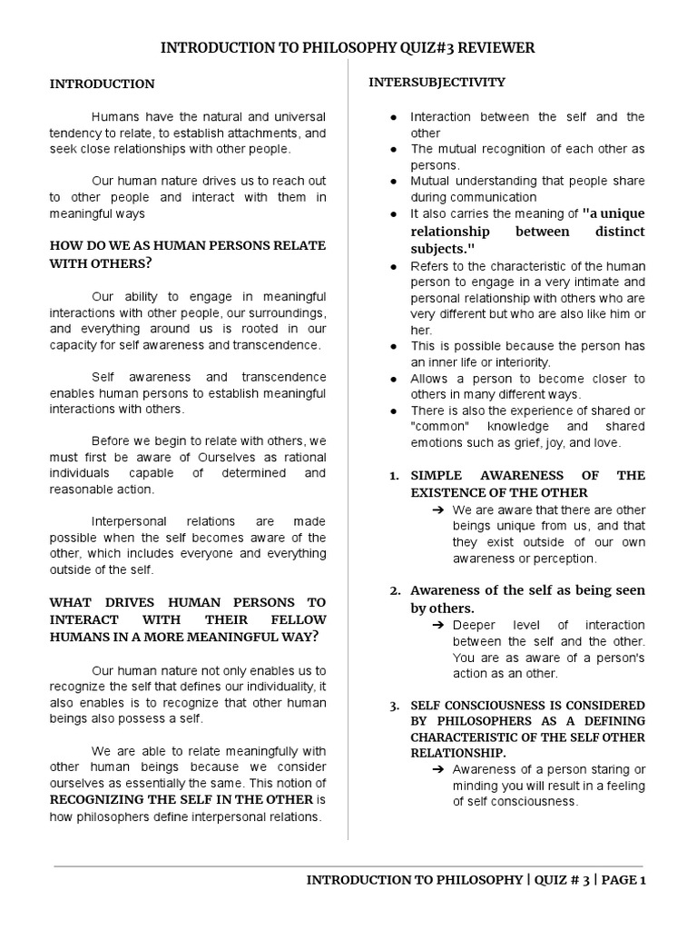 Quiz3 - Intersubjectivity - Introduction To Philosophy | PDF | Awareness | Self