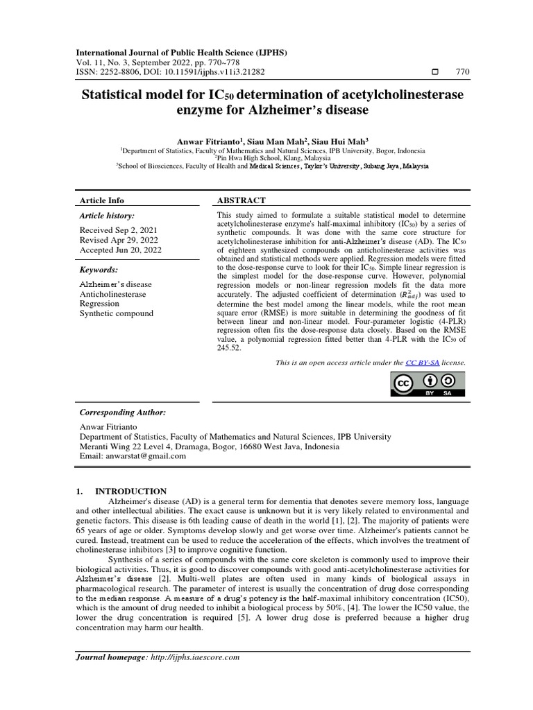 Statistical Model For IC50 Determination of Acetylcholinesterase Enzyme ...