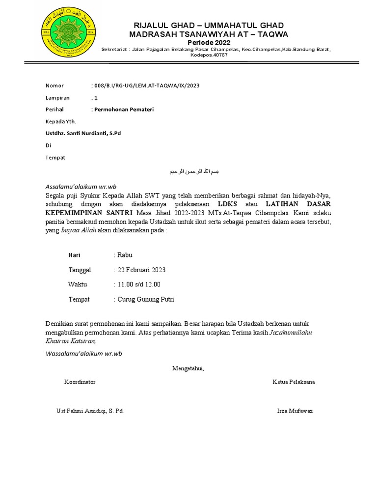 Surat 008 Pemateri LDKS | PDF