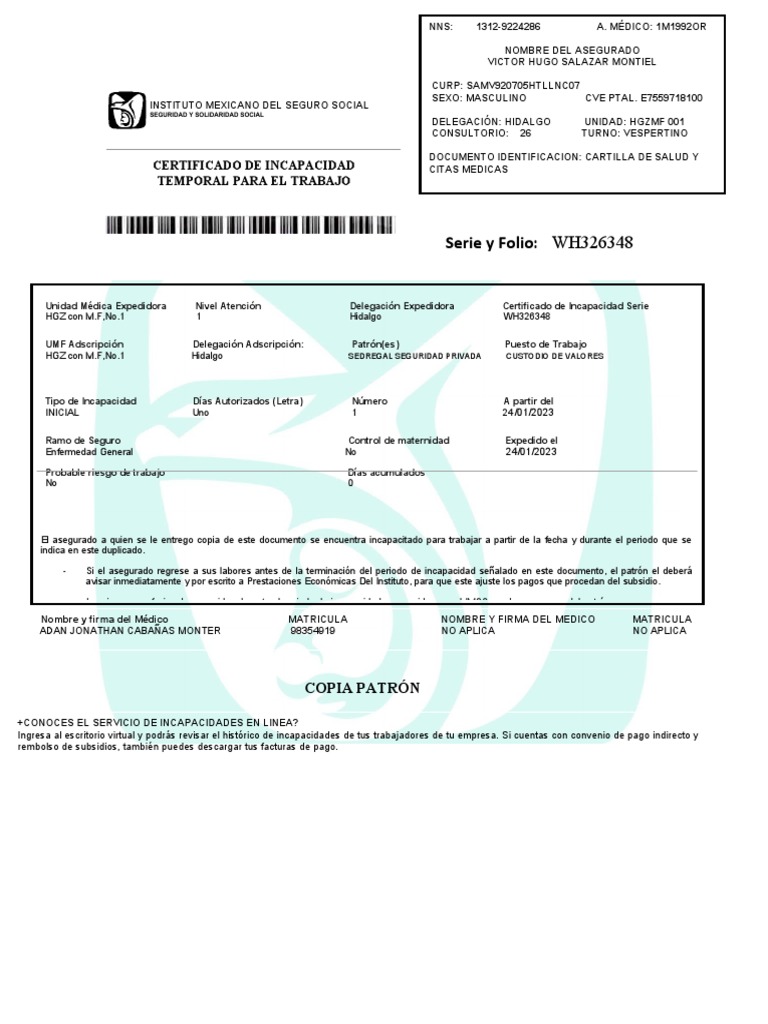 Certificado Incapacidad IMSS 2023 | PDF