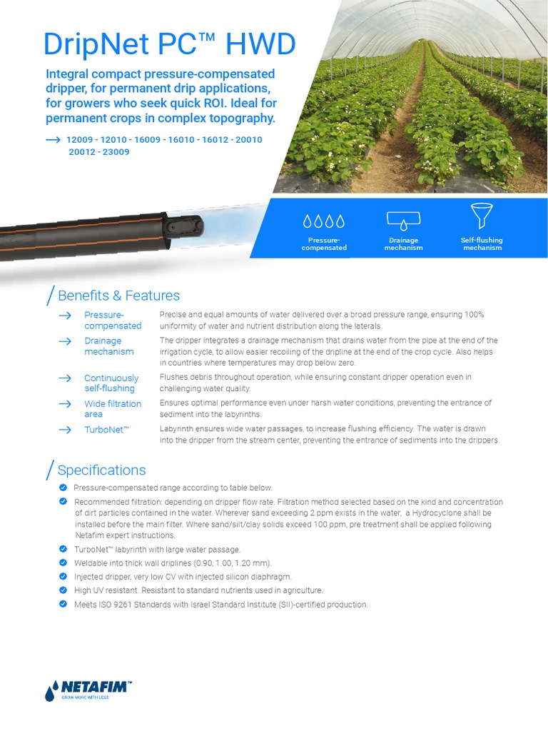 Dripnet PC HWD Technical Product Sheet | PDF | Water | Flow Measurement