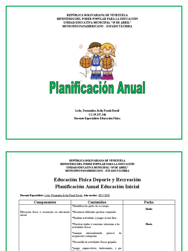 Planificación anual de educación física, deporte y recreación para distintos niveles educativos ...