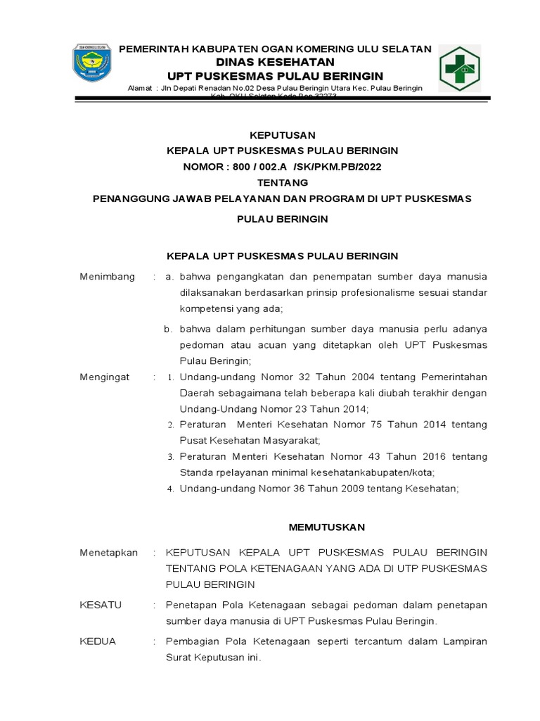 SK Pola Ketenagaan TH 2022 Uptd PKM Pulau Beringin | PDF