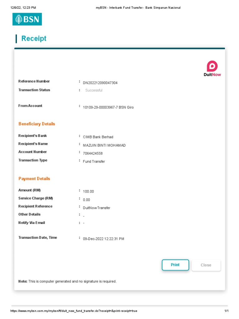 DuitNow Fund Transfer Receipt from BSN Bank | PDF