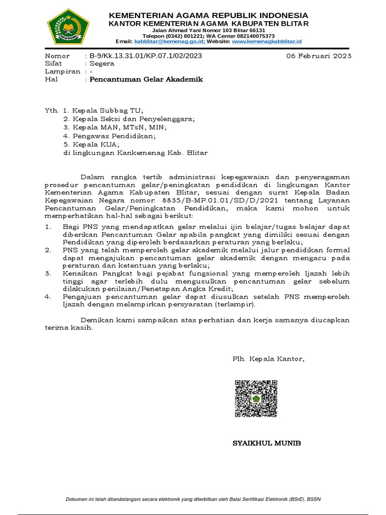 2023 - Surat Pencantuman Gelar Akademik | PDF