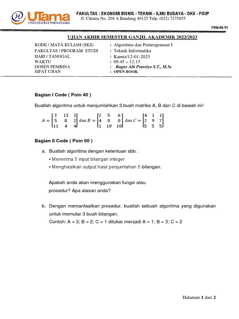Soal UAS Algoritma dan Pemrograman UT | PDF