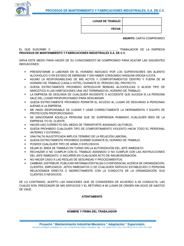 Carta Compromiso - Personal Foráneo | PDF