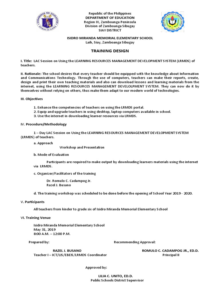 Busano Lrmds Training Design2 | PDF | Teachers | Behavior Modification