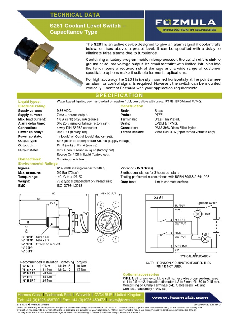 S281 Fozmula Capacitance Coolant Level Switch Data JP 05 May 20 3.18 ...
